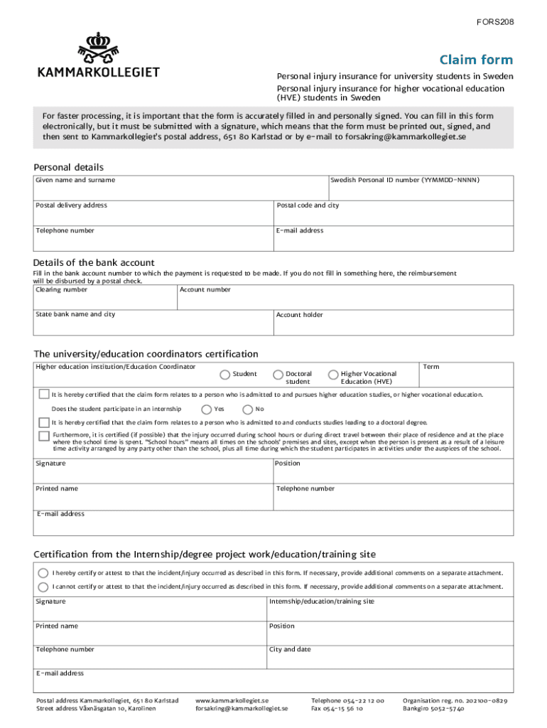 Fillable Online Claim form - Personal injury insurance for university ...