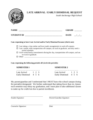 Attendance / Early Dismissal/Late Arrival Doc Template | pdfFiller