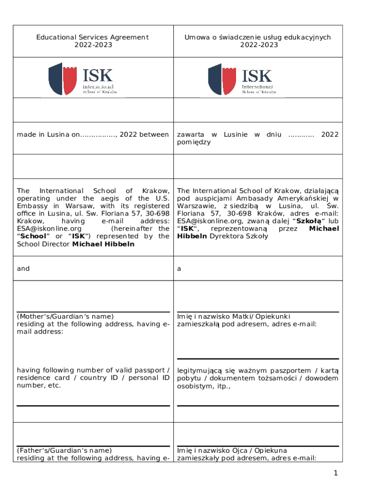 Educational Services Agreement 2022-2023 Doc Template | pdfFiller