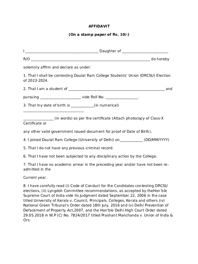 AFFIDAVIT (On a stamp paper of Rs. 10) - dr du ac Doc Template | pdfFiller