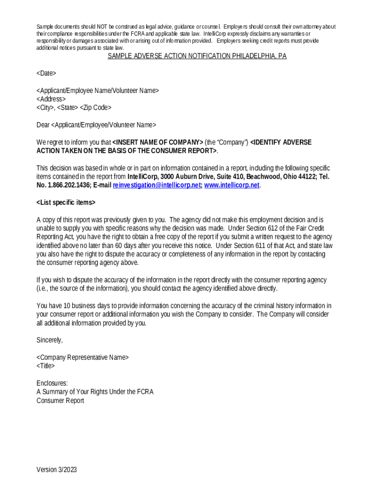 Adverse Action Notification Doc Template | pdfFiller
