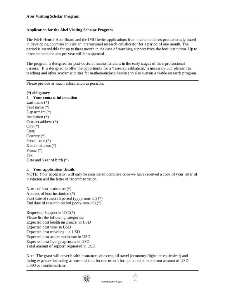 APPLY: Abel Visiting Scholar Program for Mathematicians ... Doc Template | pdfFiller