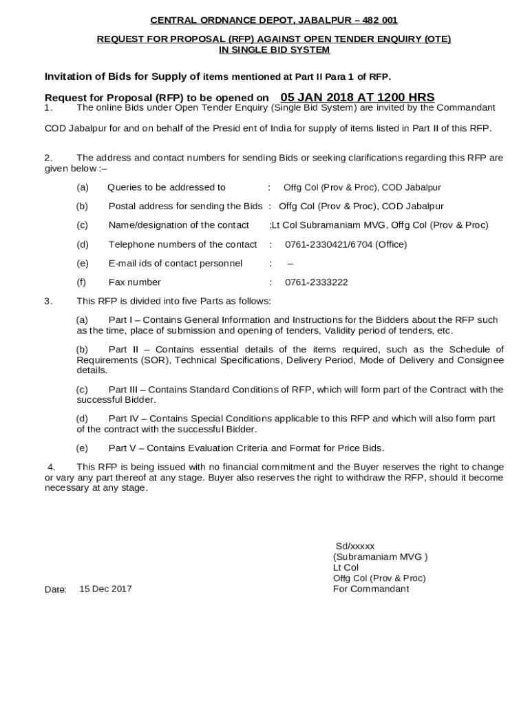 OPEN TENDER ENQUIRY (OTE) IN SINGLE BID SYSTEM Doc Template | pdfFiller