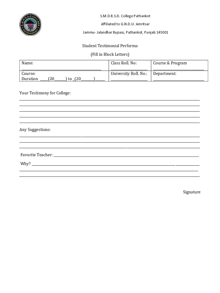 Fillable Online Student Testimonial Performa - S.M.D.R.S.D. College ...