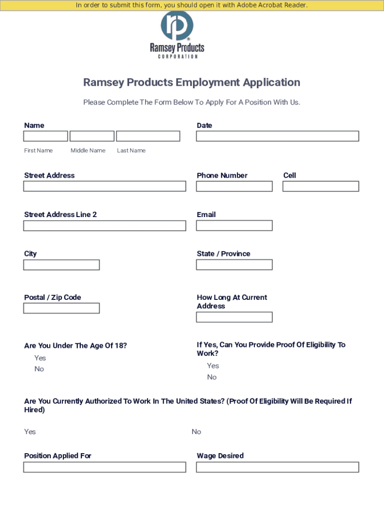 Fillable Online Ramsey Products Employment Application Fax Email Print - pdfFiller