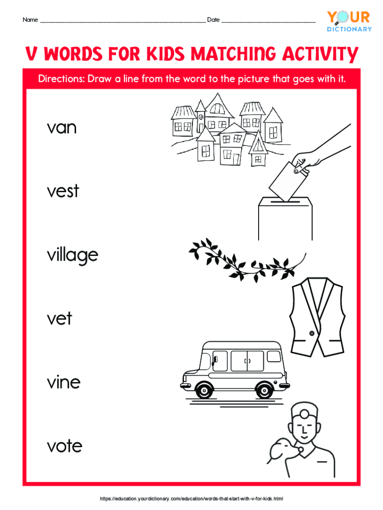 Fillable Online v words for kids matching activity. v words for kids ...
