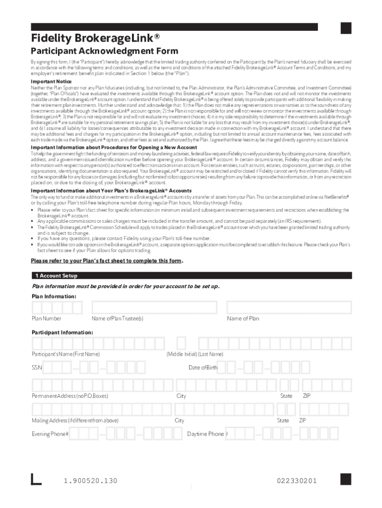 Fillable Online Fidelity BrokerageLink Participant Acknowledgment Form ...