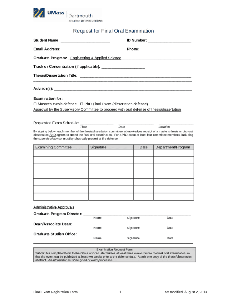 COE Final Oral Examination Request Doc Template | pdfFiller