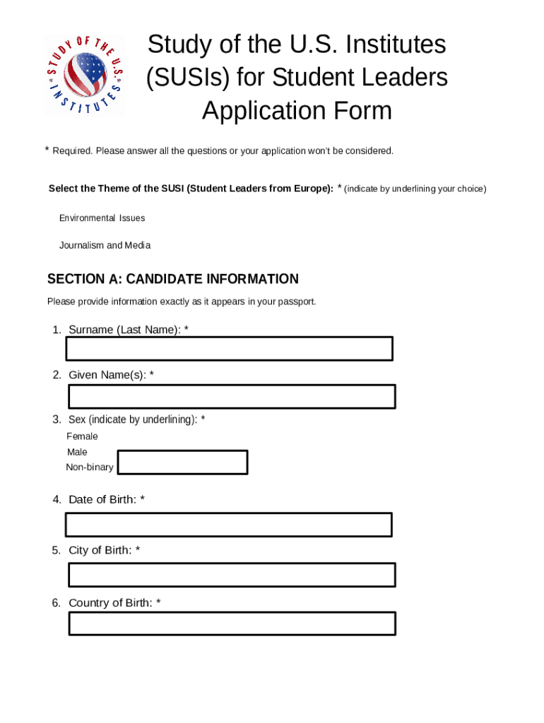 Institutes (SUSIs) for Student LeadersApplication Doc Template | pdfFiller