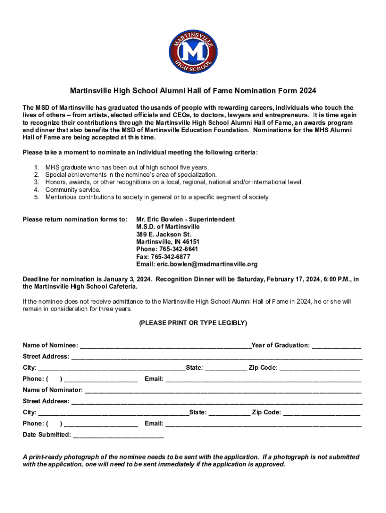 Fillable Online 4 selected for MHS Alumni Hall of Fame Fax Email Print ...