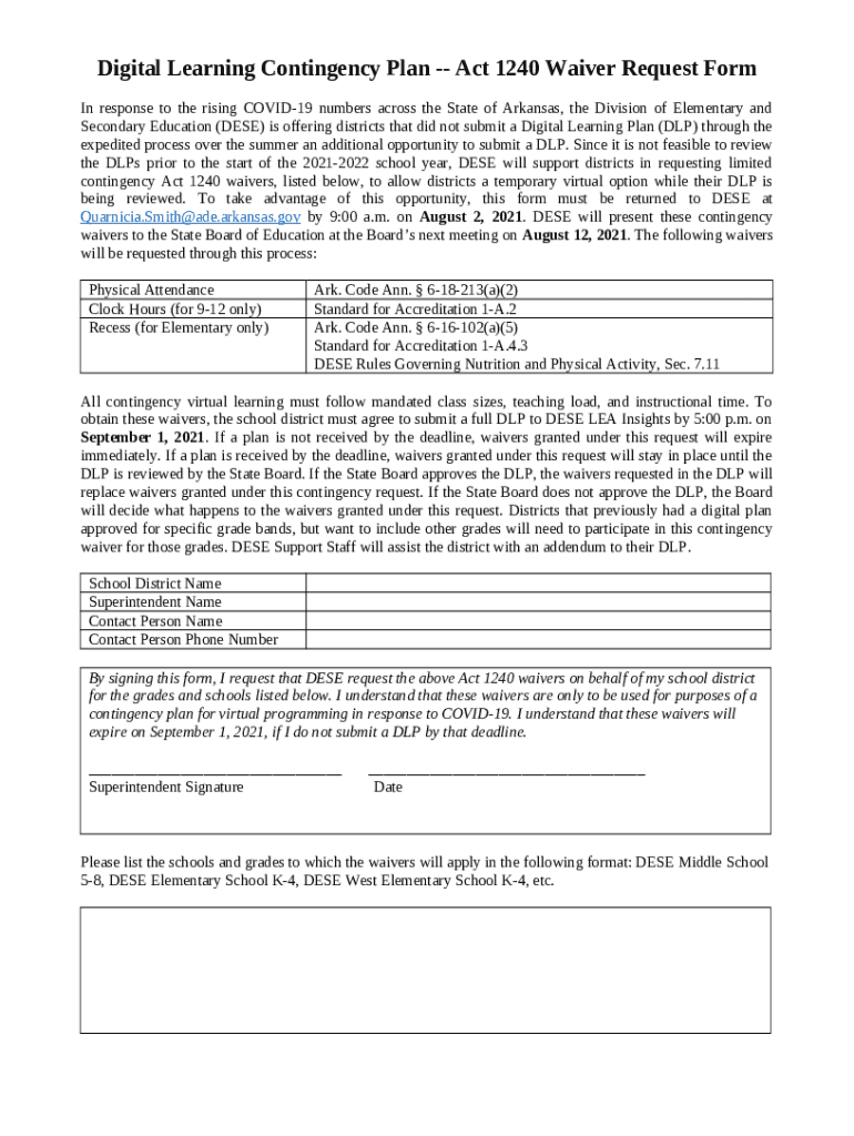 Act 1240 Digital Learning Waiver Request Doc Template | pdfFiller