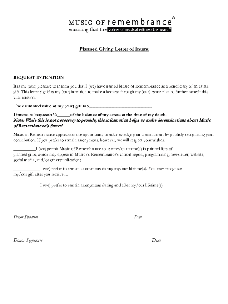 Fillable Online Planned Giving Letter of Intent Donor Signature Date ...