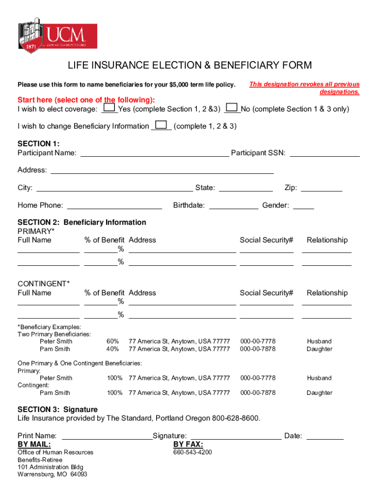 Fillable Online LIFE INSURANCE ELECTION & BENEFICIARY FORM Fax Email ...