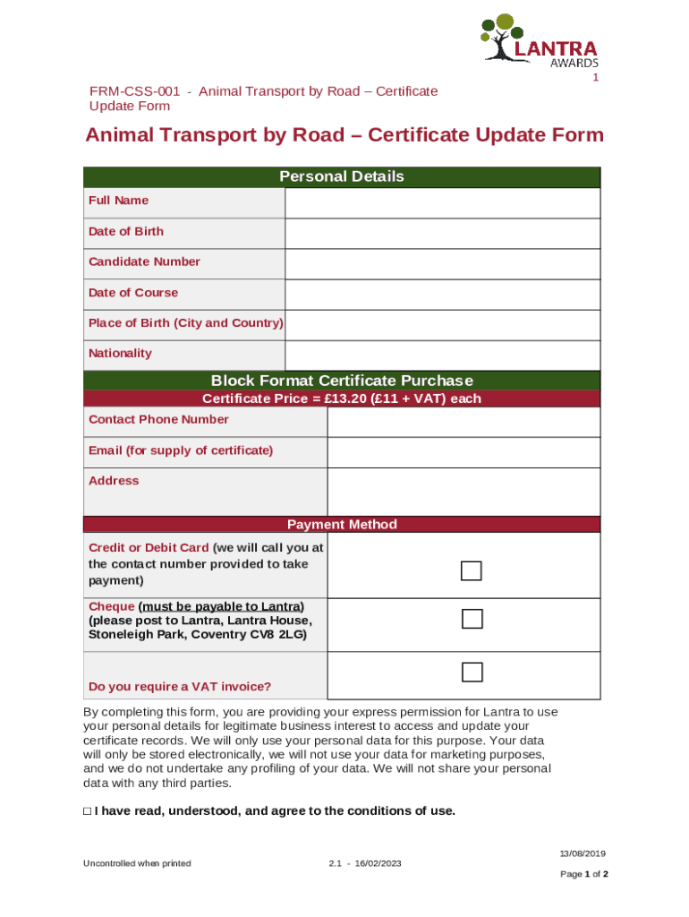 Animal Transport by RoadCertificate Update Doc Template | pdfFiller