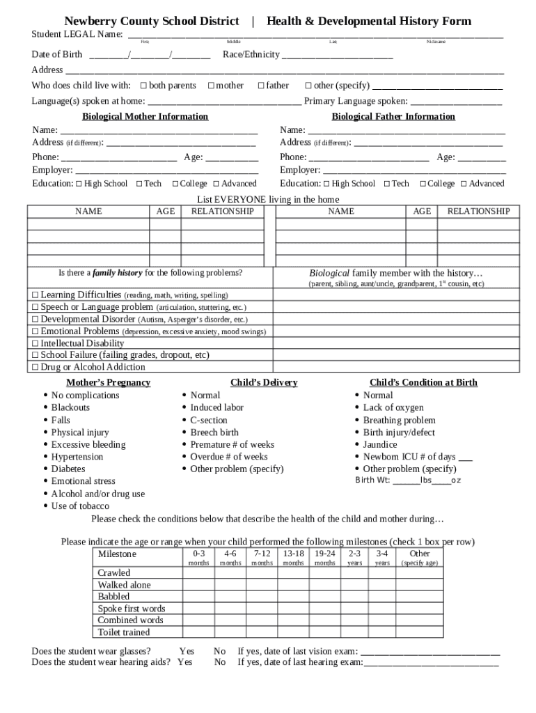 Health & Developmental History Doc Template | pdfFiller