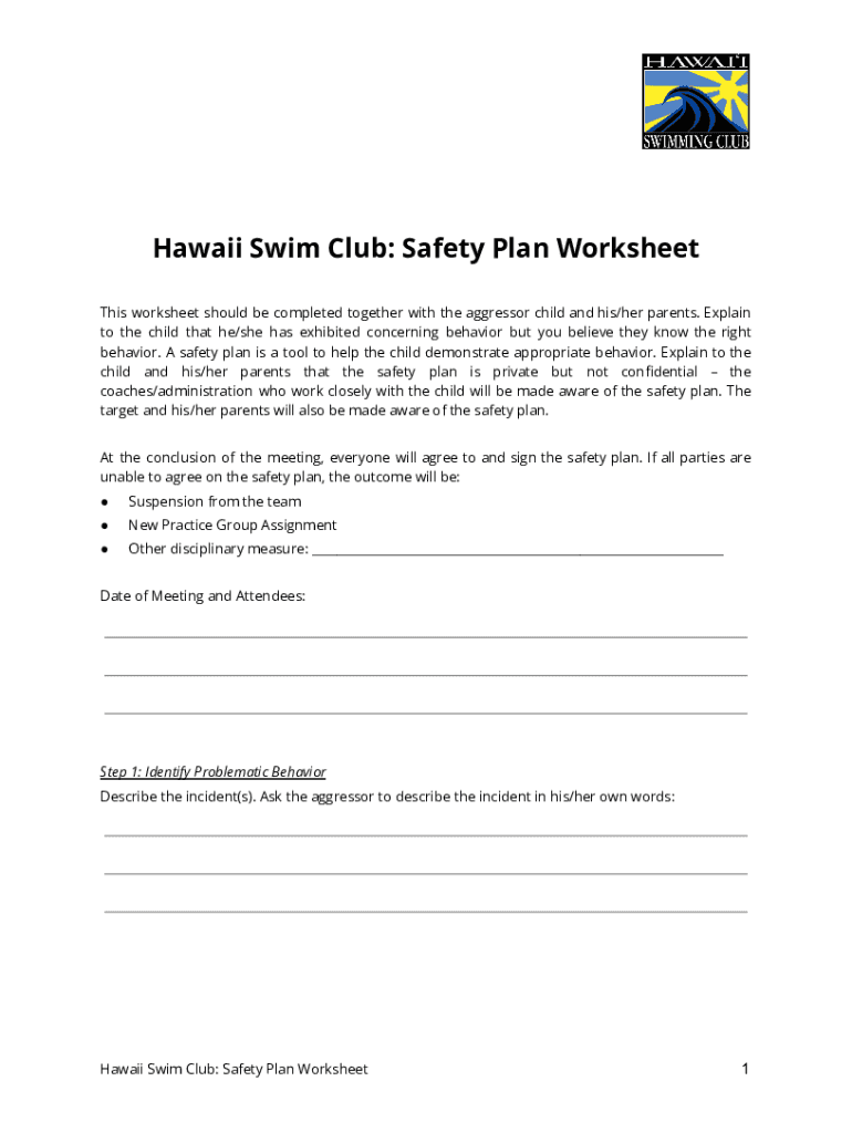 Fillable Online HSC - Hawaii Swim Club: Safety Plan Worksheet Fax Email ...