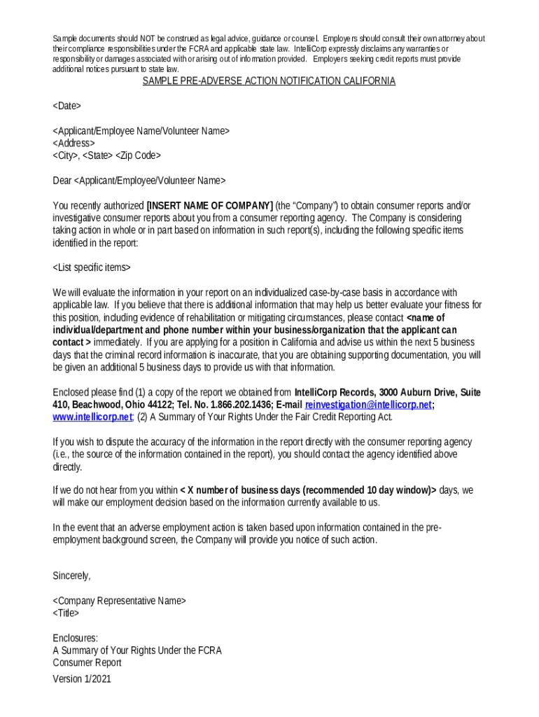 SAMPLE PRE-ADVERSE ACTION NOTIFICATION CALIFORNIA Doc Template | pdfFiller