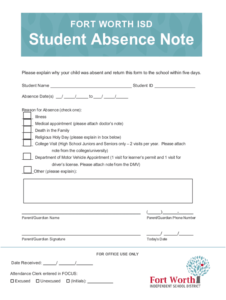 Fillable Online Bush High School Absence Note Form Fax Email Print ...