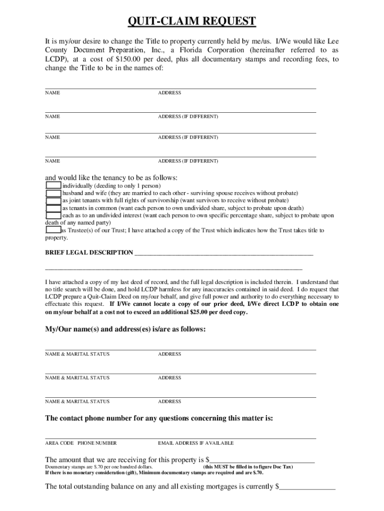 Fillable Online Quit Claim Deed Request Form Fax Email Print - pdfFiller
