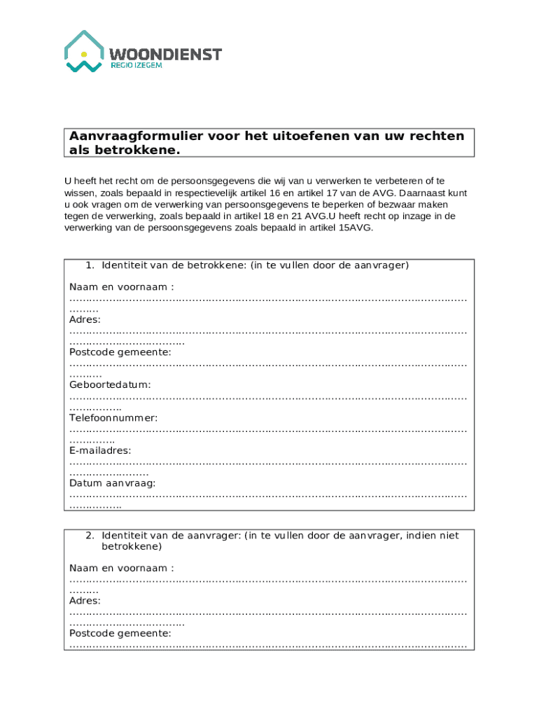 Aanvraagulier voor het uitoefenen van uw rechten als ... Doc Template | pdfFiller