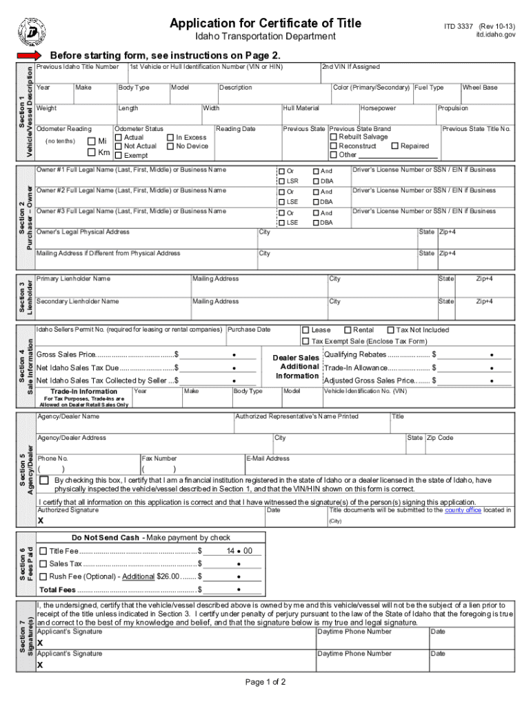 Fillable Online Form ITD 3337. Application for Certificate of Title ...