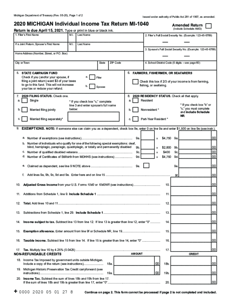 Fillable Online 2020 Michigan Individual Income Tax Return MI-1040 Fax ...