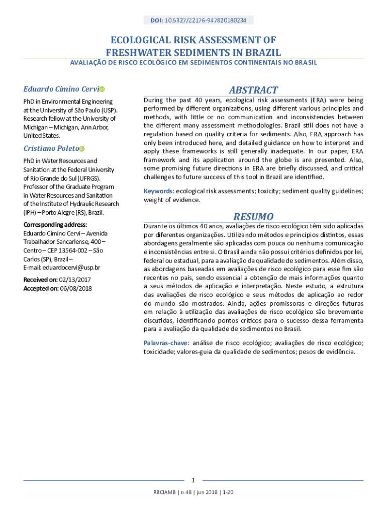 Fillable Online Ecological risk assessment of freshwater sediments in Brazil Fax Email Print ...