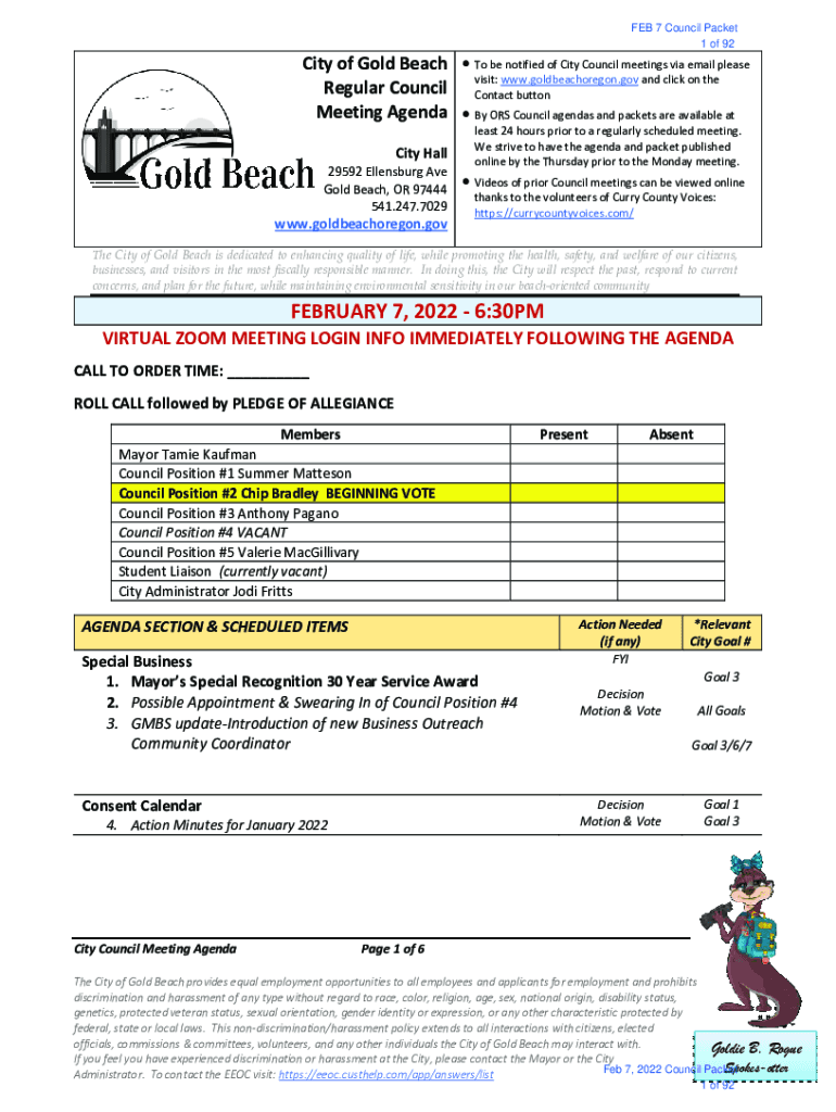 Fillable Online 001 PACKET Agenda February 7th. Gold Beach, OREGON Fax ...
