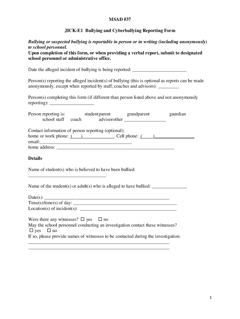 Fillable Online jick-e1-bullying-and-cyberbullying-reporting-form Fax ...