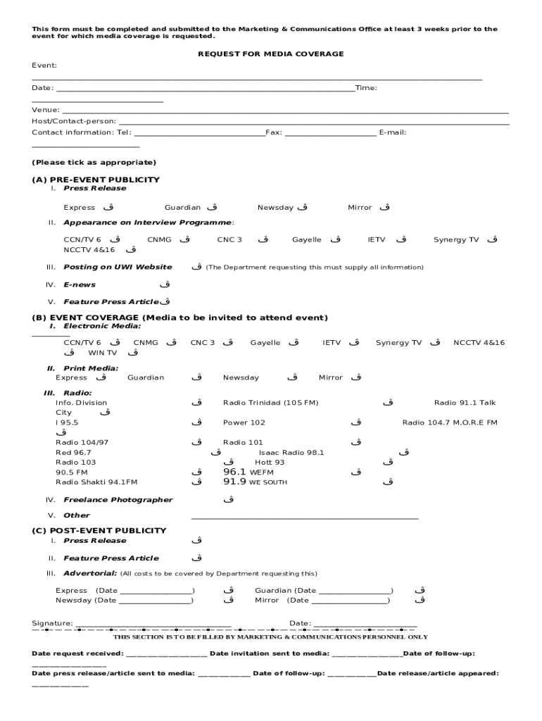 Event Coverage Request - sta uwi Doc Template | pdfFiller