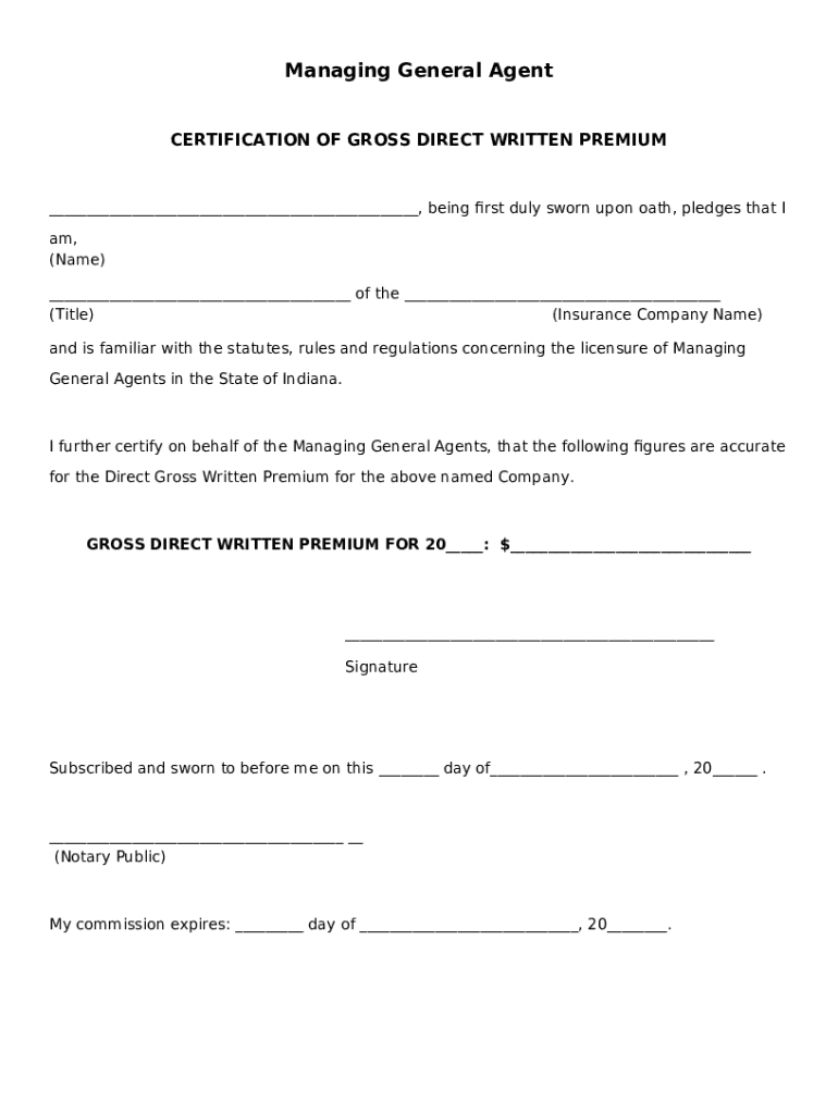 CERTIFICATION OF GROSS DIRECT WRITTEN PREMIUM Doc Template | pdfFiller