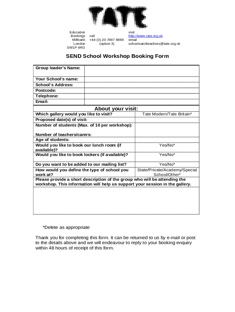 SEND School Workshop Booking Doc Template | pdfFiller