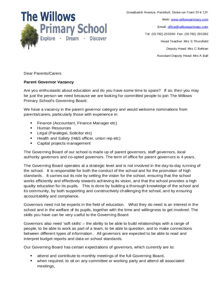 Parent Governor Application - Willows Primary School Doc Template ...