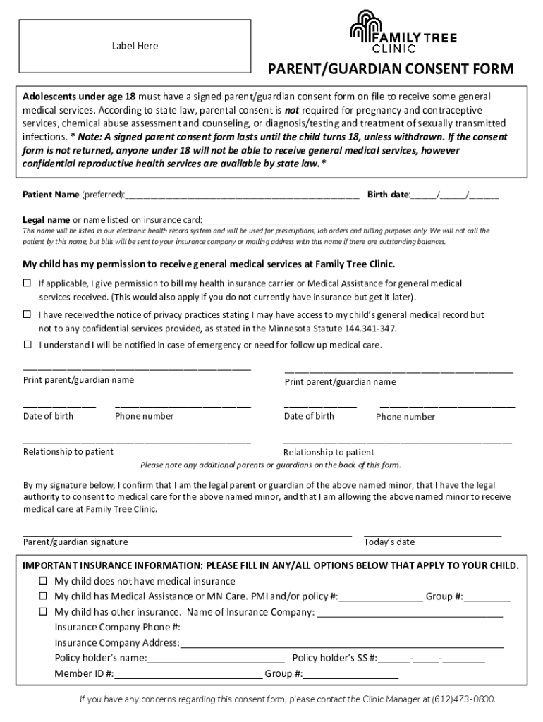 Fillable Online Adolescents under age 18 must have a signed parent/guardian consent form on file ...