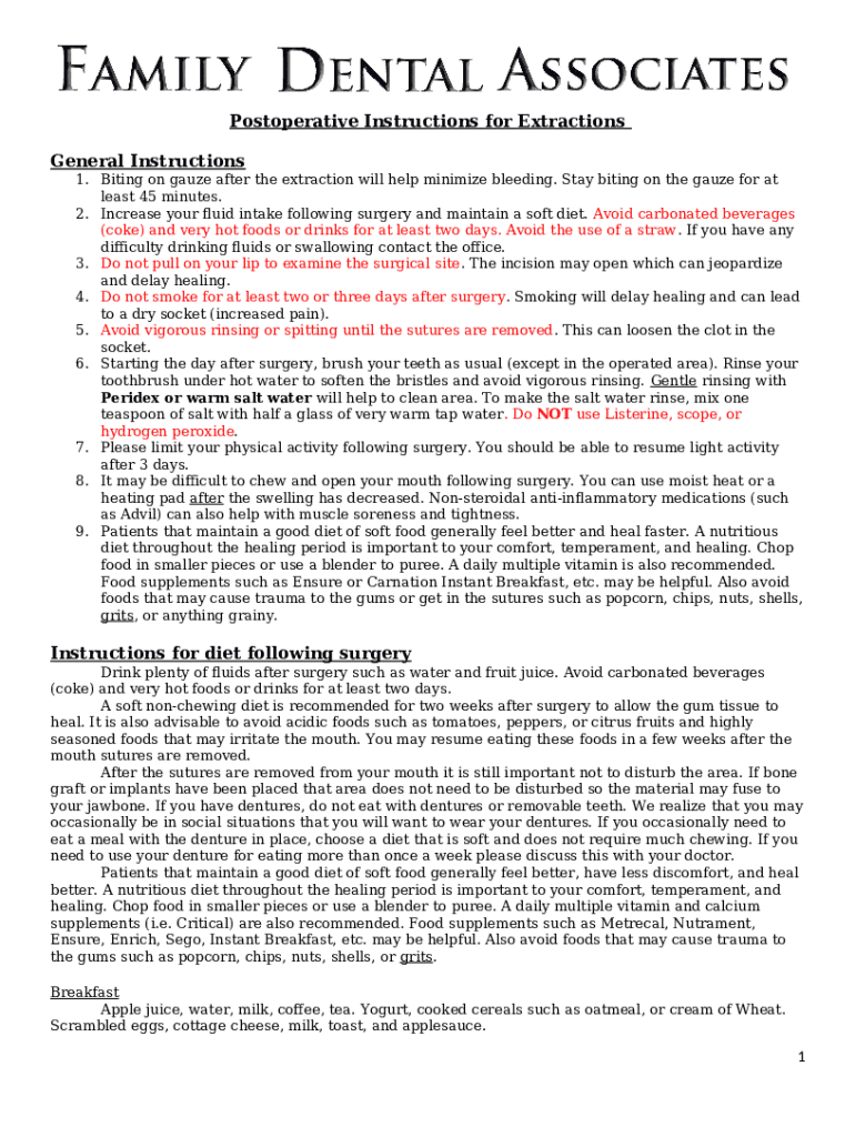 Post-Operative Instructions: General Tooth Extraction Doc Template ...
