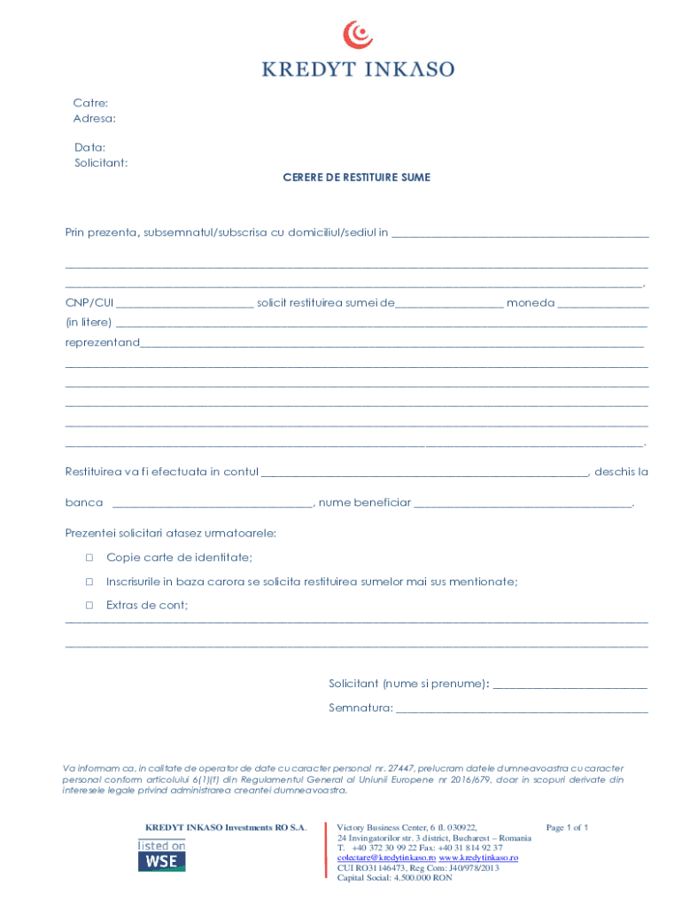 Fillable Online Solicitant: CERERE DE RESTITUIRE SUME Prin prezenta ...