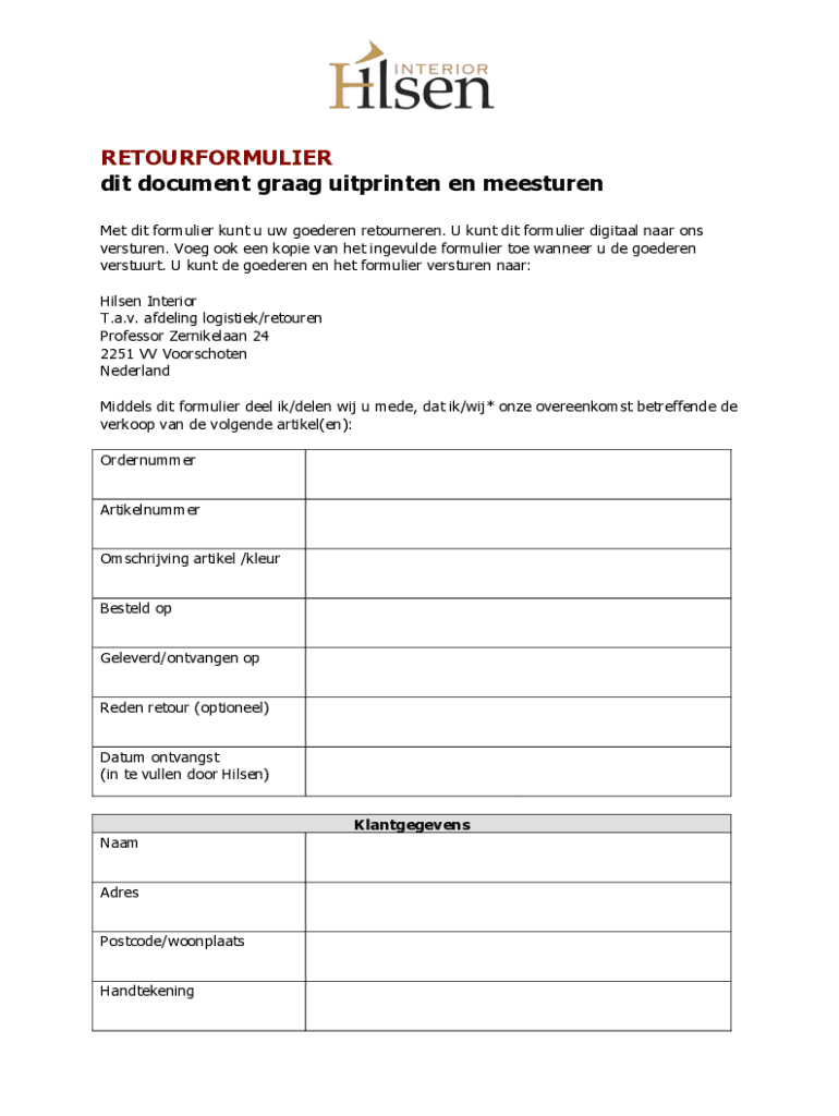 Invulbaar Online RETOURFORMULIER dit document graag uitprinten en ...