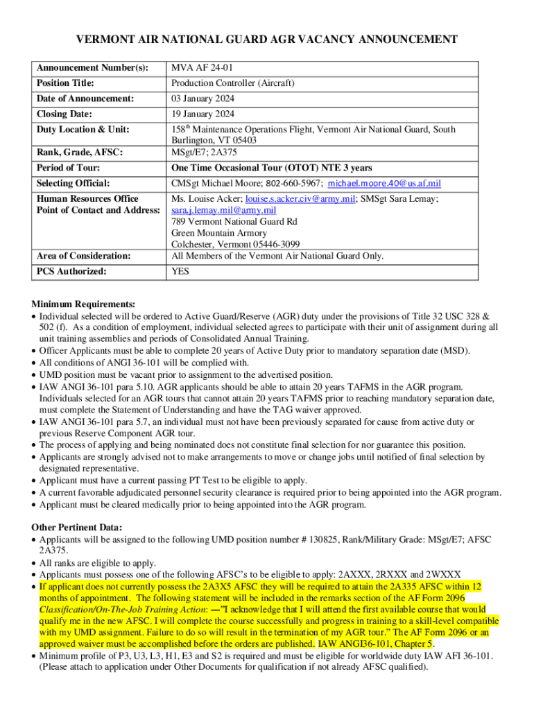 Fillable Online enlisted vacancy announcement for assignment at the ...