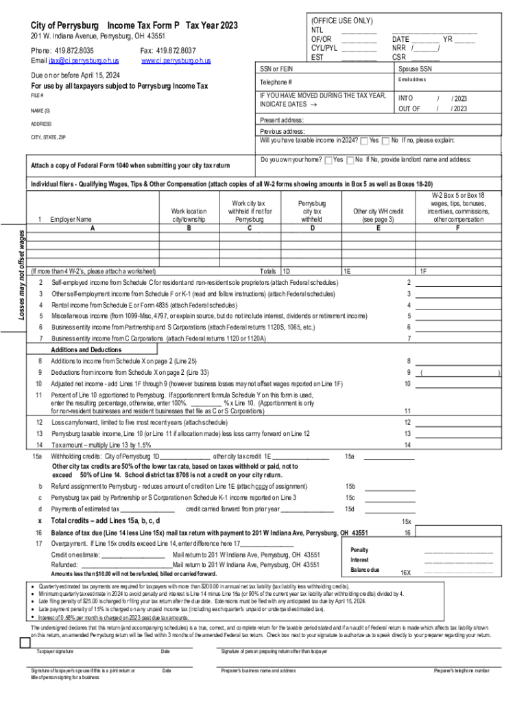 Fillable Online City of Perrysburg Income Tax Form P Tax Year 2023 Fax ...