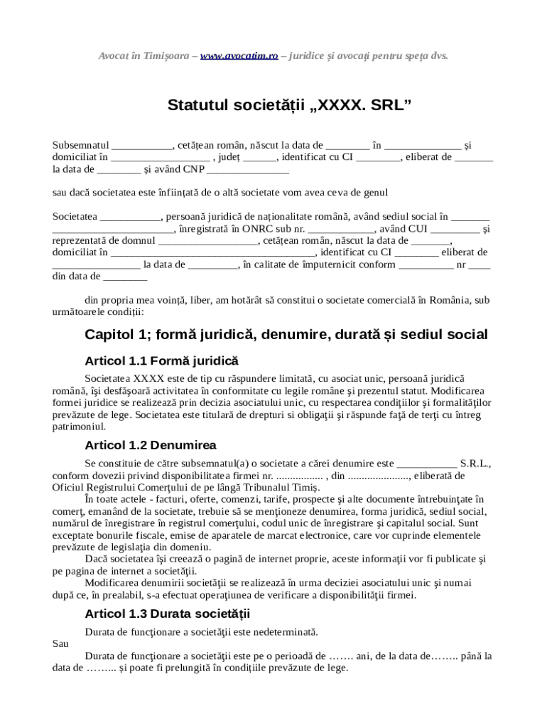 Fillable Online Acocat de business. Actul constitutiv al unei societi comerciale de tip SRL, cu ...