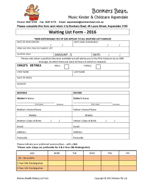 Fillable Online Waiting List Form 2016.docx Fax Email Print - pdfFiller