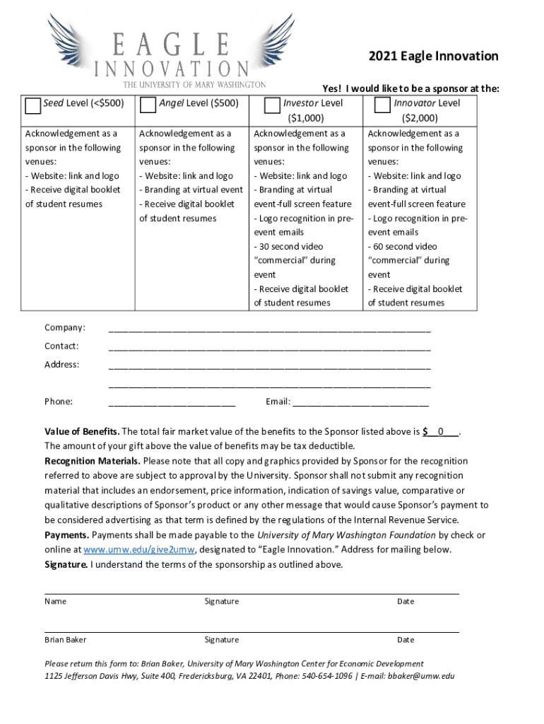 Fillable Online economicdevelopment umw 2021 Eagle Innovation - Center ...