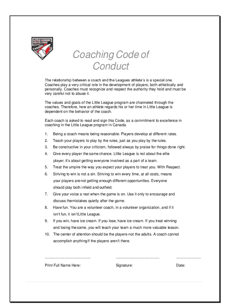 Fillable Online COACH CODE OF CONDUCT The player/ ... Fax Email Print ...