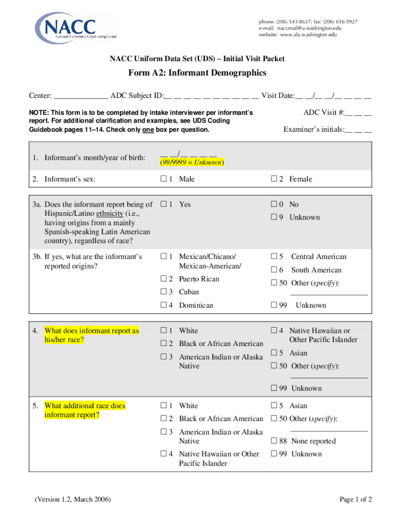 Fillable Online NACC Uniform Data Set (UDS) FORMS - UW Center ID Fax Email Print - pdfFiller