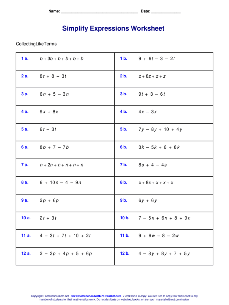 Fillable Online Simplify Expressions Worksheet. Simplify Expressions ...