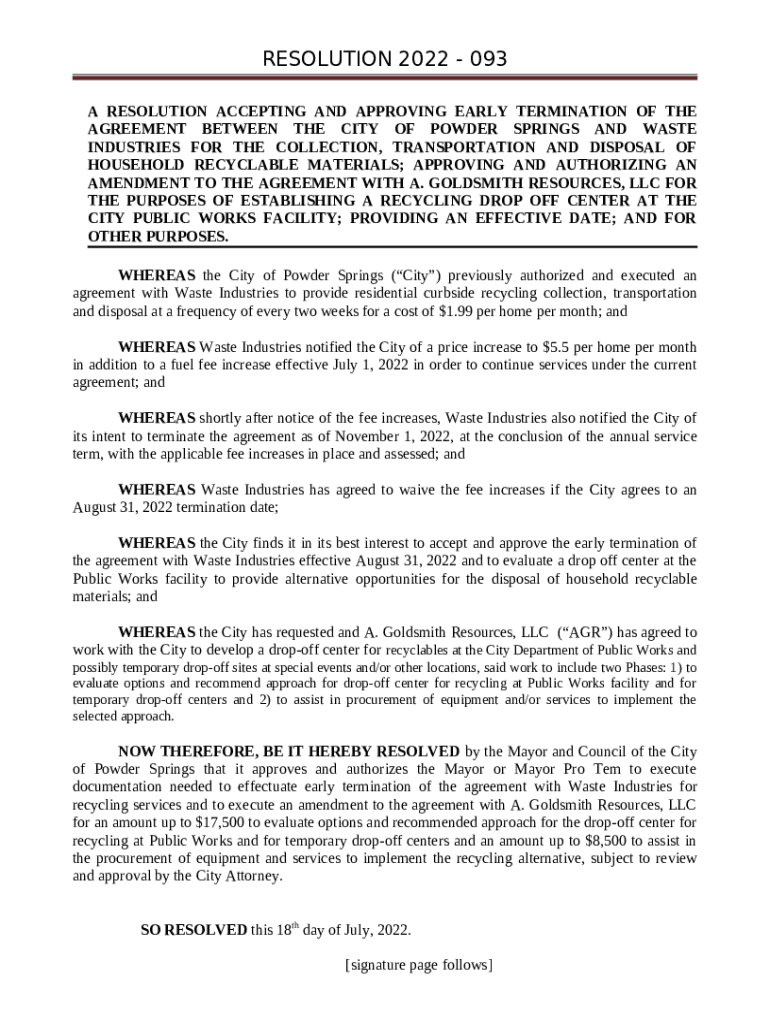 A RESOLUTION ACCEPTING AND APPROVING EARLY TERMINATION OF THE AGREEMENT ...