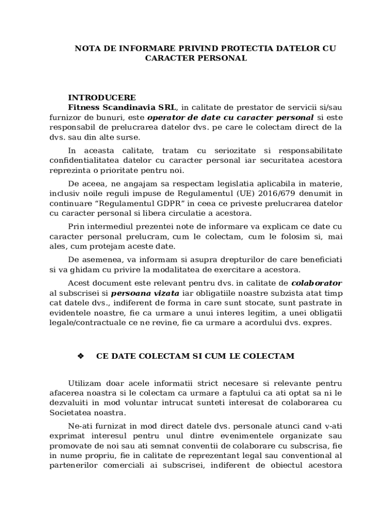 NOTA DE INARE Con cerinelor Legii nr. 677/ ... Doc Template | pdfFiller