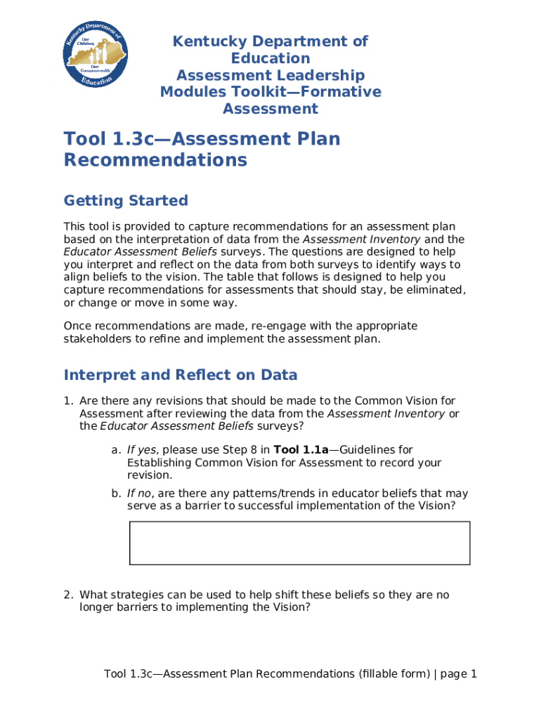 Tool 1.3cAssessment Plan Recommendations ( ) - education ky Doc Template | pdfFiller