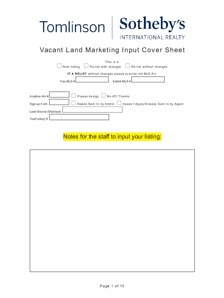 Fillable Online Vacant Land Marketing Input Cover Sheet Fax Email Print ...