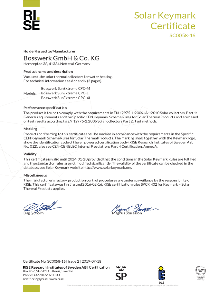 Fillable Online Solar Keymark Certificate - No. SP SC0772-13 Fax Email ...